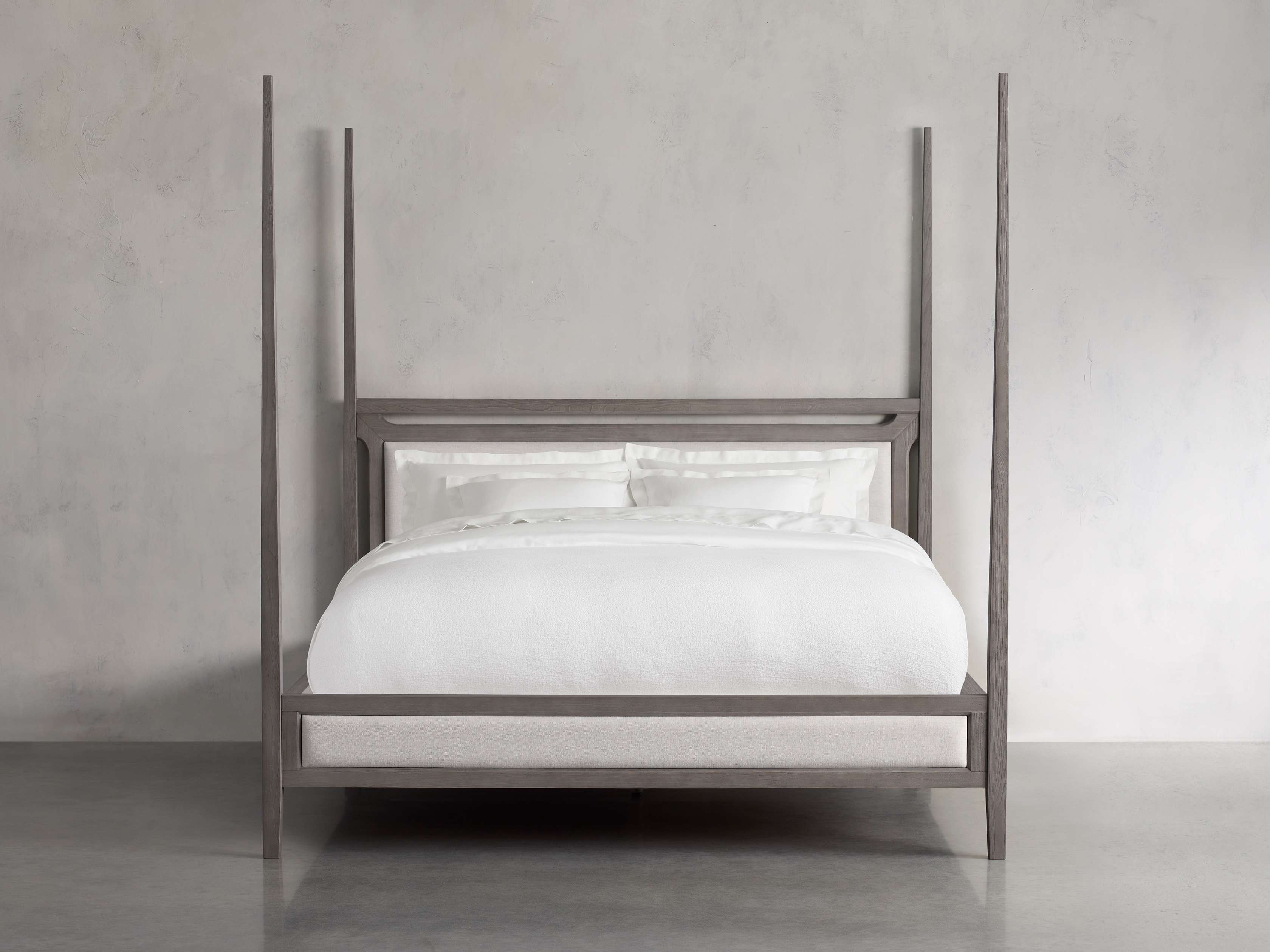Brock Upholstered Poster Bed in Boulder Grey Wood Fabric Queen in Gray Arhaus